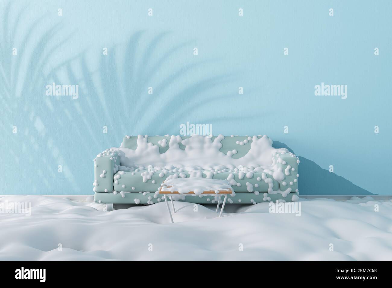 Snow Over Blue Simple Modern Sofa Furniture and Table in Abstract Empty ...