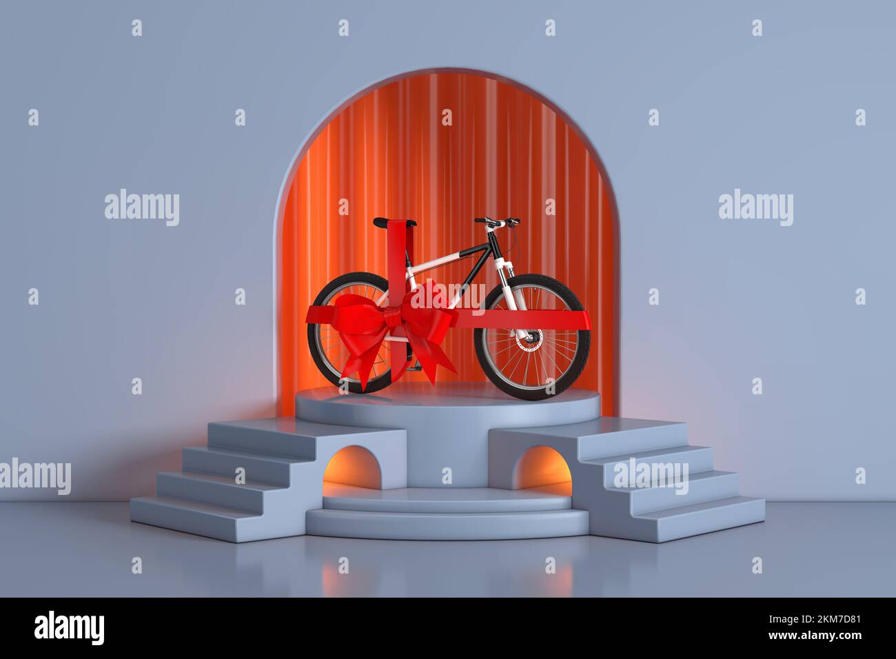 Black and White Mountain Bike with Red Ribbon as Gift on the Blue ...