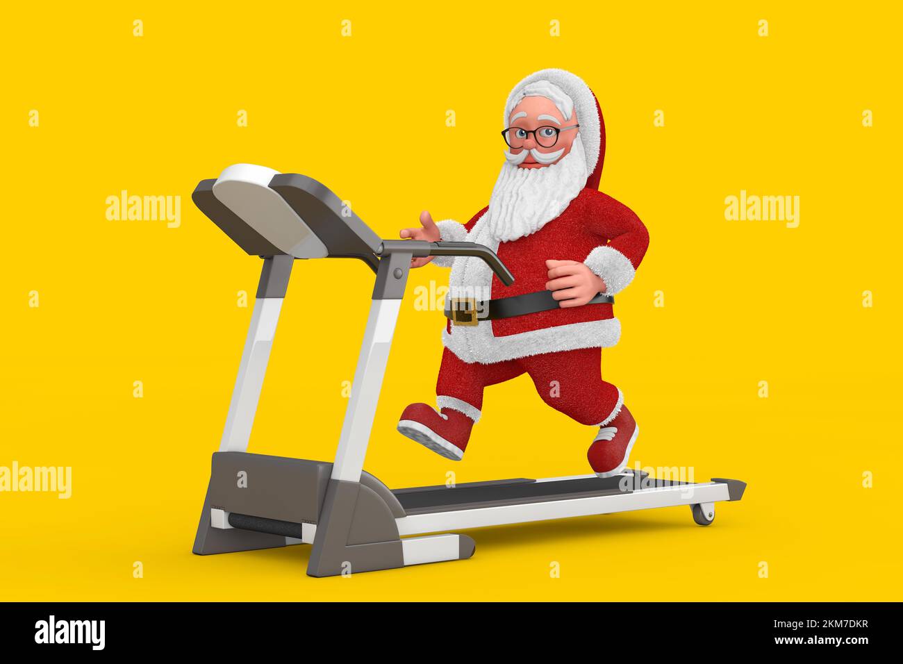 Cartoon Cheerful Santa Claus Granpa Running on a Treadmill on a yellow ...