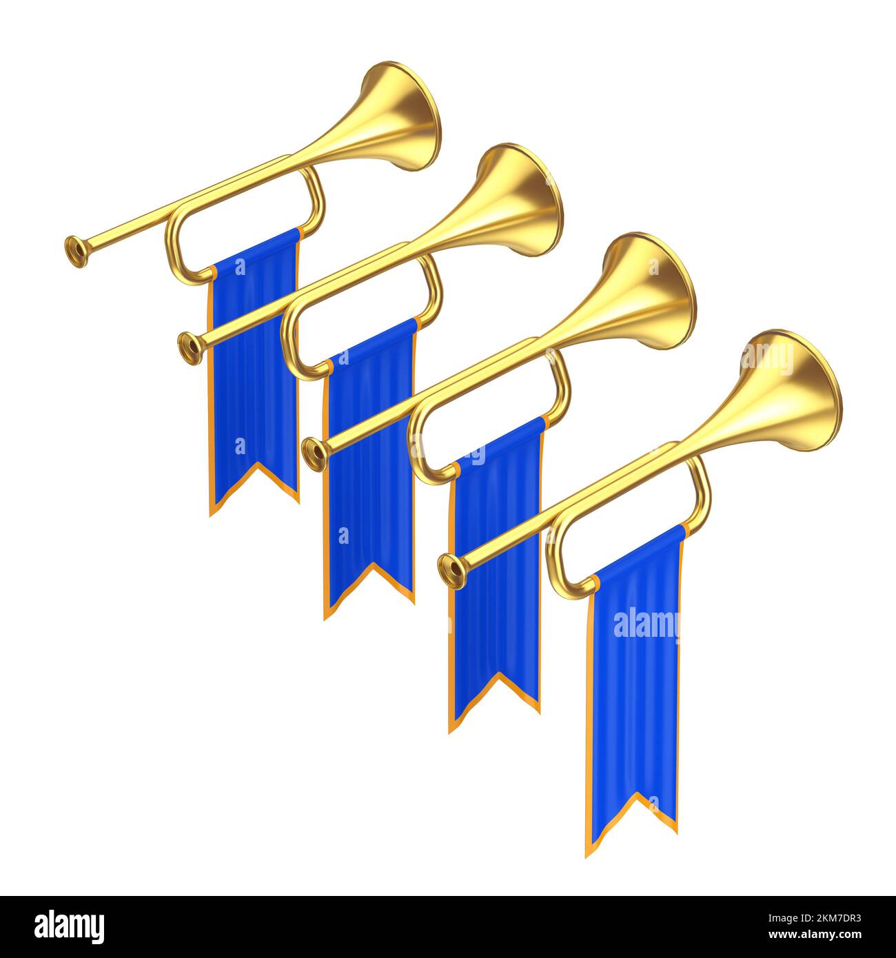 Golden Fanfare Trumpets with Blue Flags on a white background. 3d ...