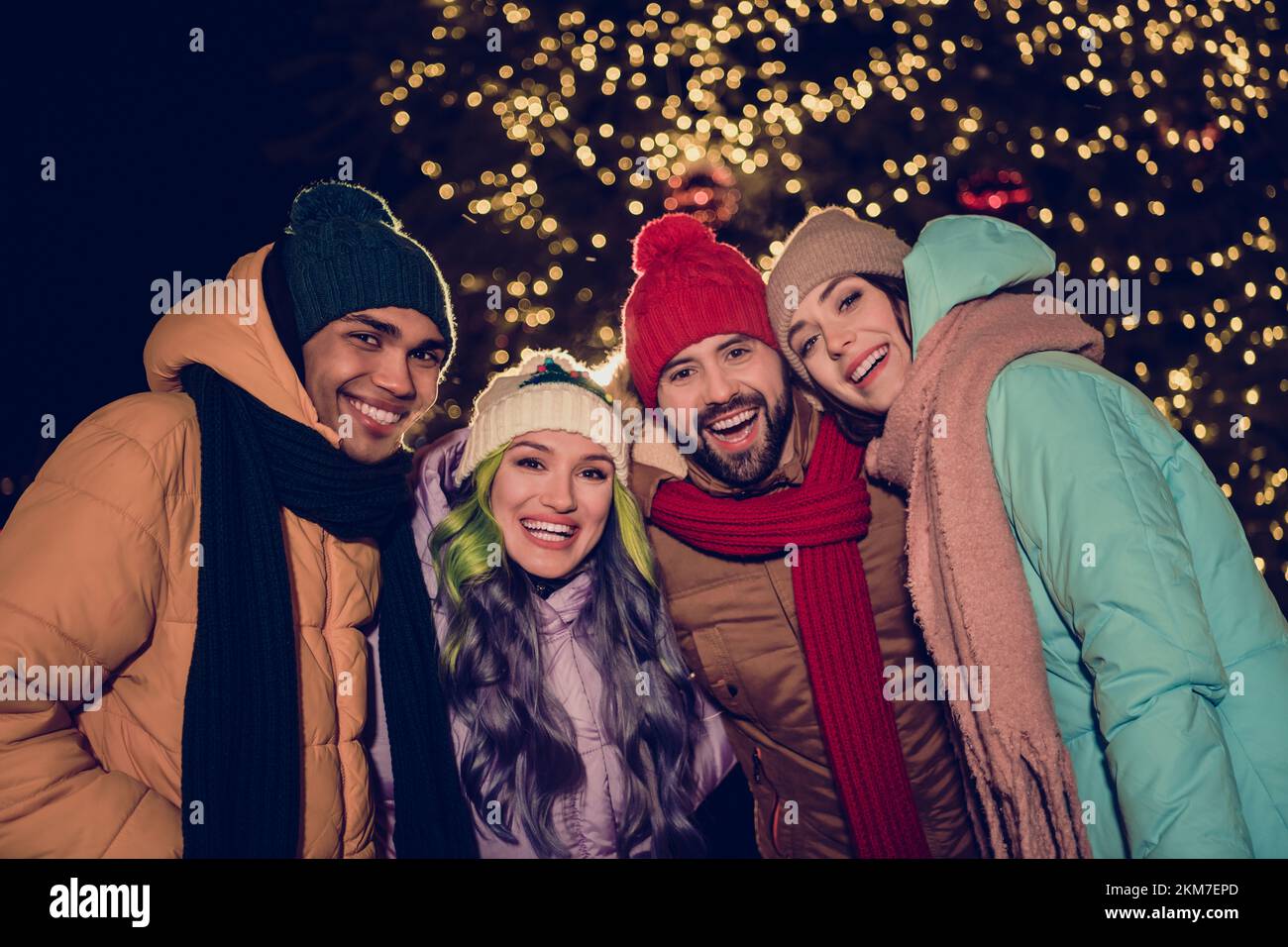 Photo of company funny positive fellows toothy smile festive event ...