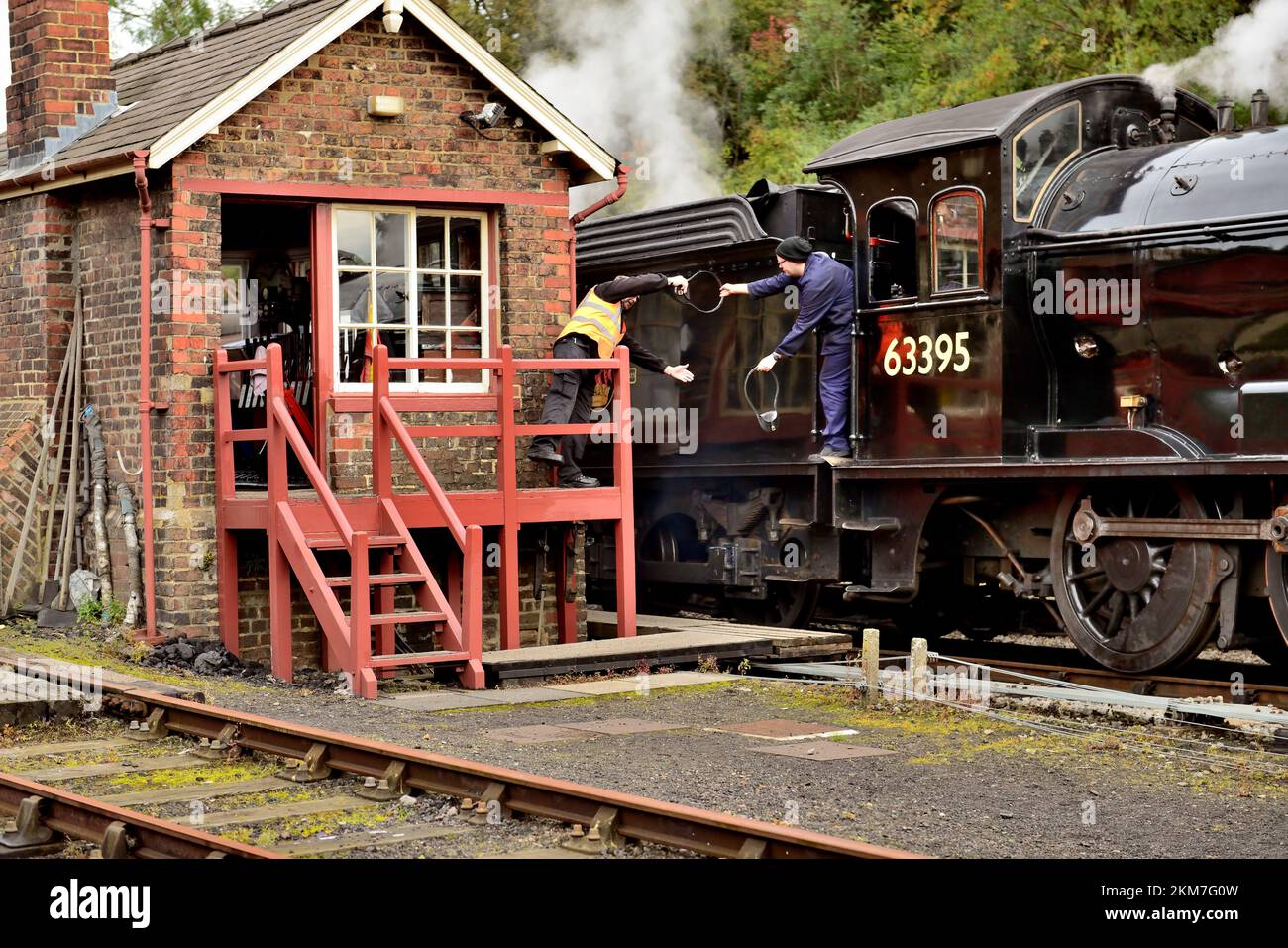 Exchanging the single line tokens at Goathland station on the North ...