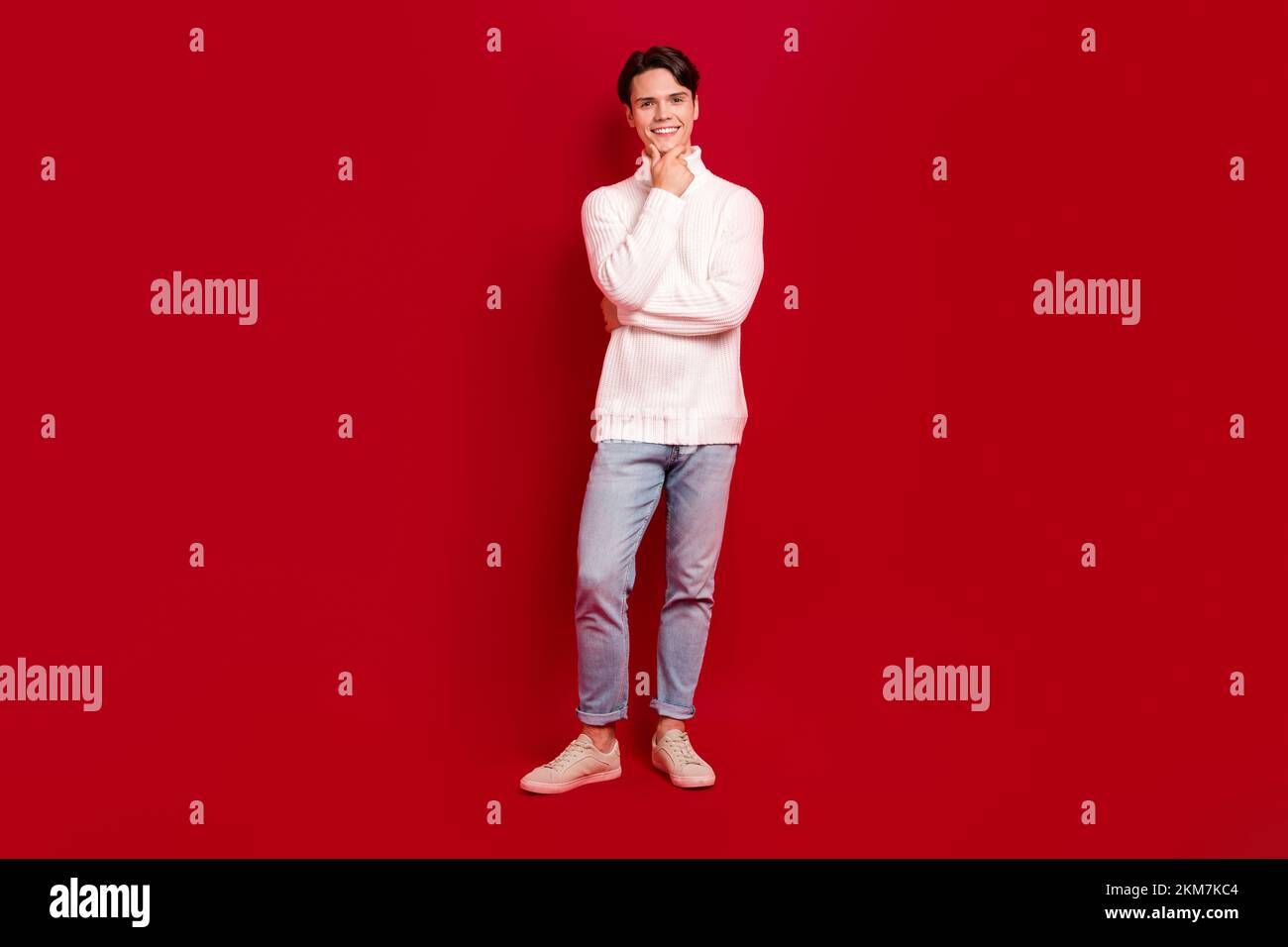 Full size photo of minded young man hand touch chin brainstorming hmm ...