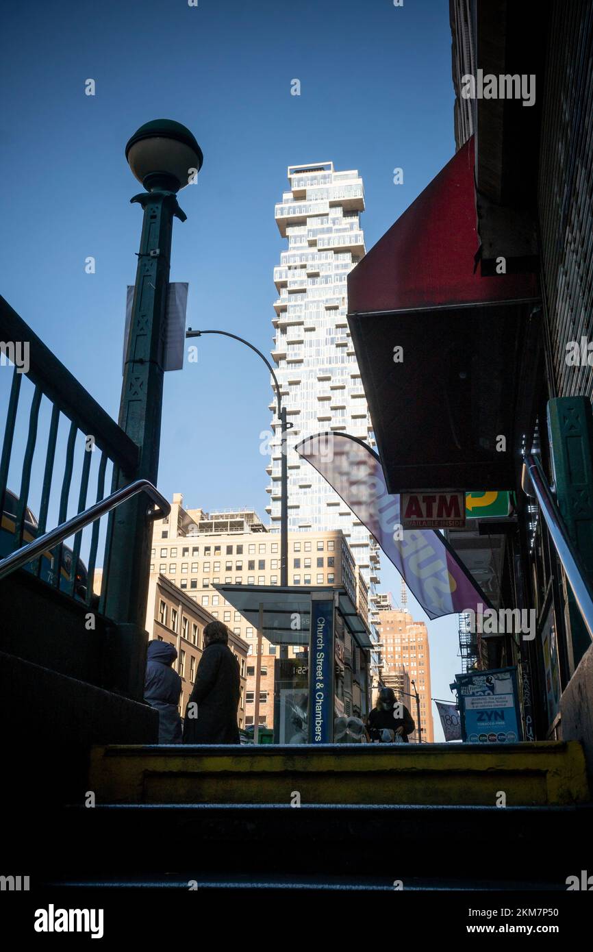 Subway entrance for the Chambers Street station in Lower Manhattan in ...