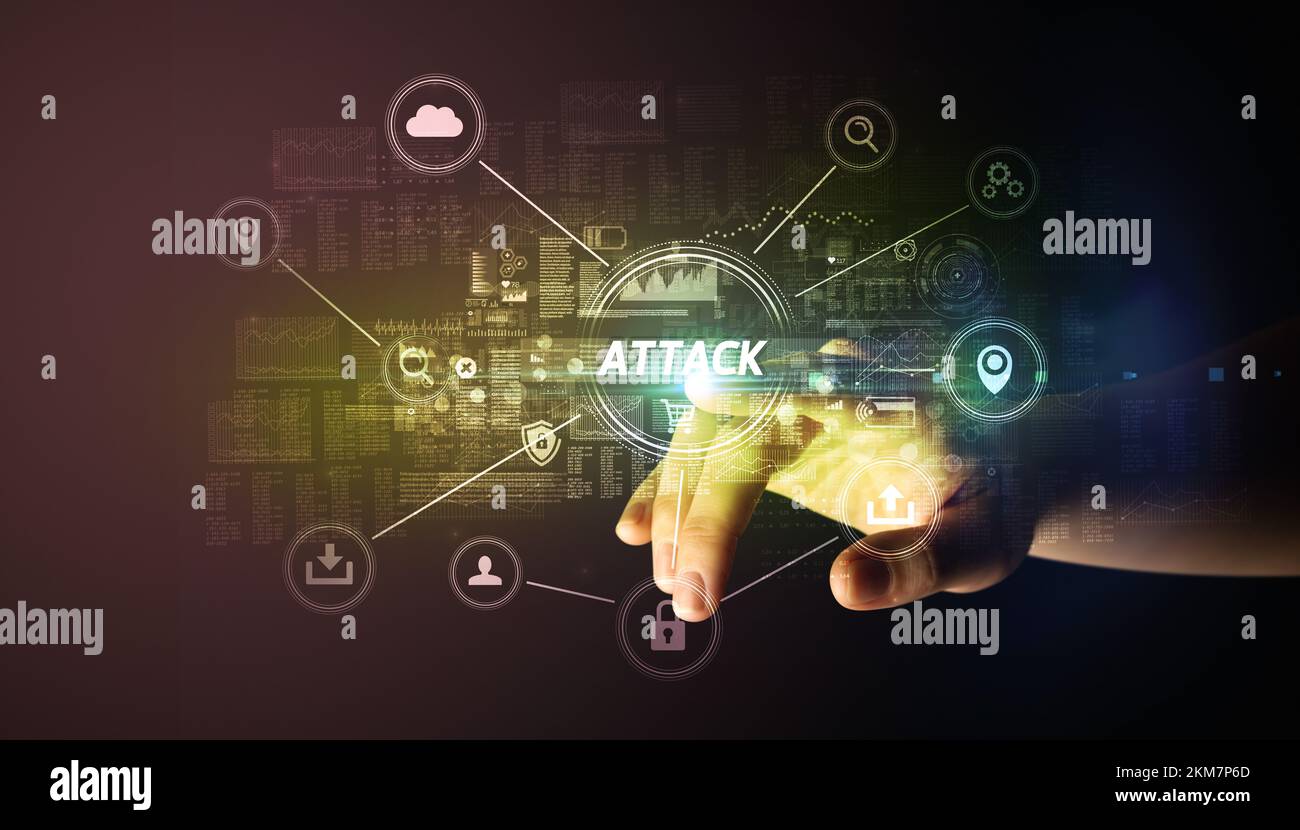 Hand touching cybersecurity button concept Stock Photo - Alamy