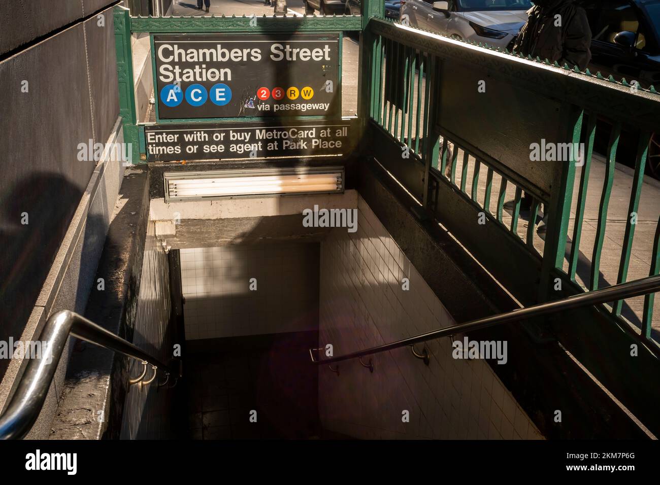 Subway entrance for the Chambers Street station in Lower Manhattan in ...