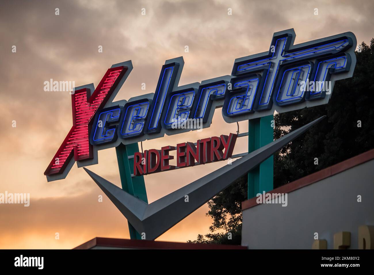 A closeup shot of the sign of Xcelerator Knotts Berry Farm Stock Photo - Alamy