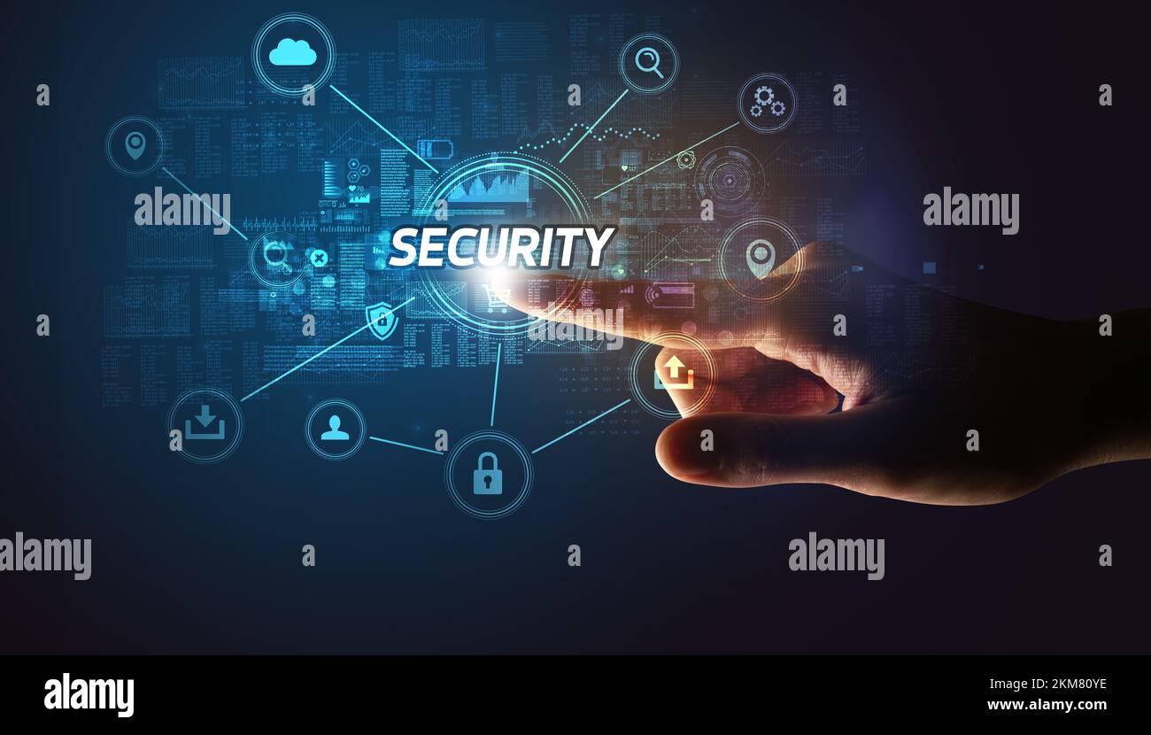 Hand touching cybersecurity button concept Stock Photo - Alamy