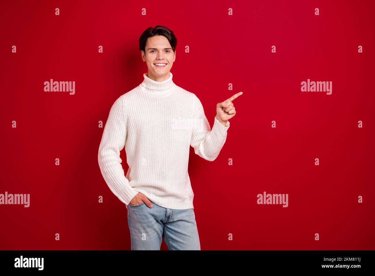 Photo of young entrepreneur man wear white sweater finger indicate ...