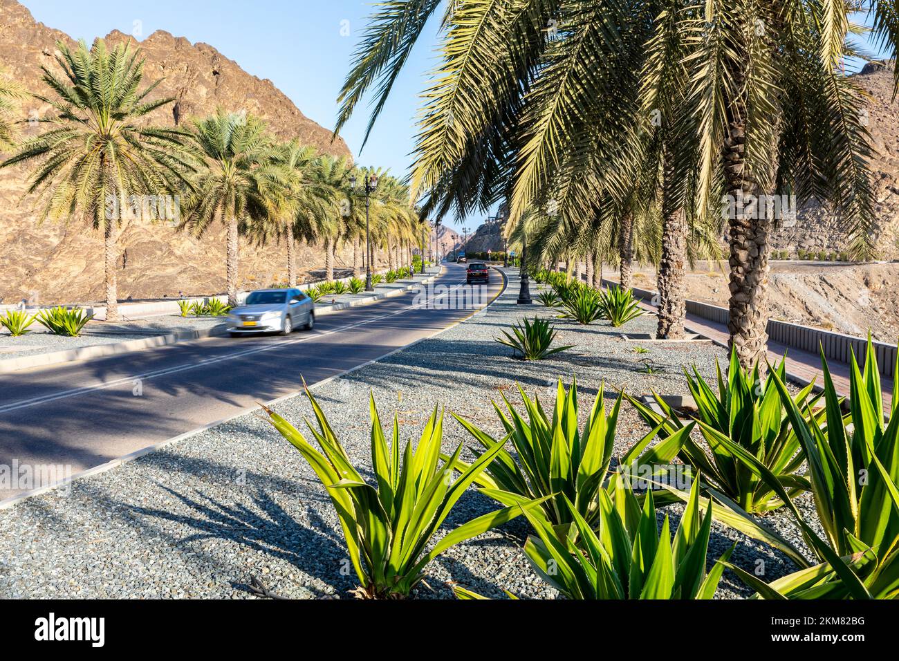 Road with palm trees. Traditional Omani architecture. Old Town of ...