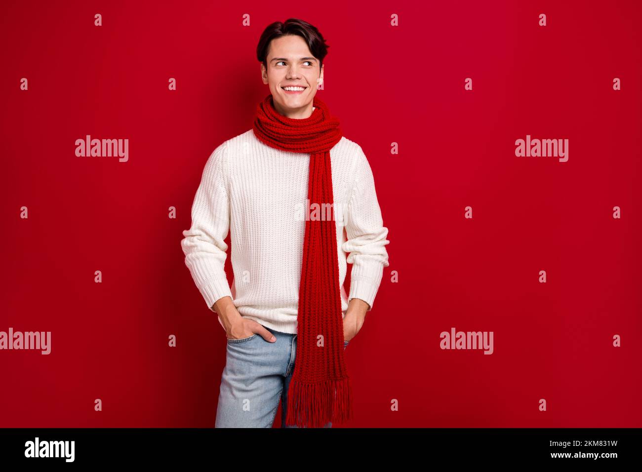 Photo of positive minded person toothy smile look interested empty ...