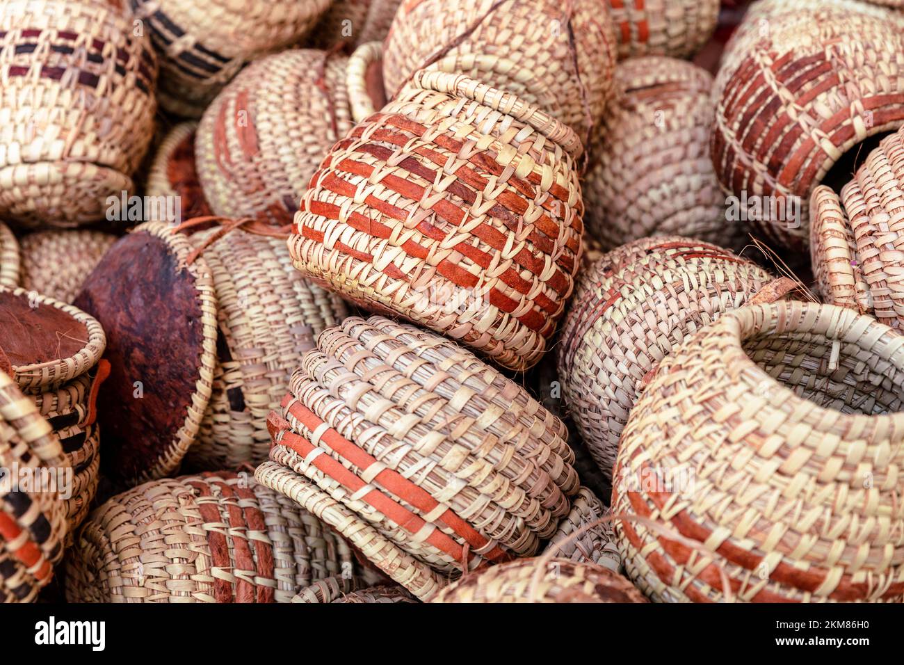 Traditional wicker baskets, exhibited in market shops of the old town ...