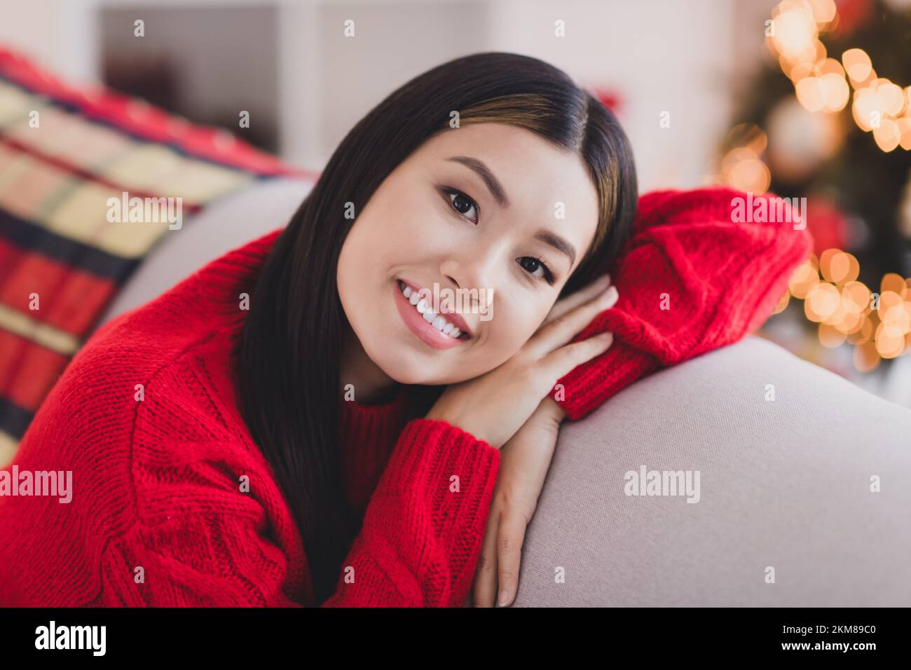 Portrait of nice satisfied glad adorable woman straight hairdo wear red ...