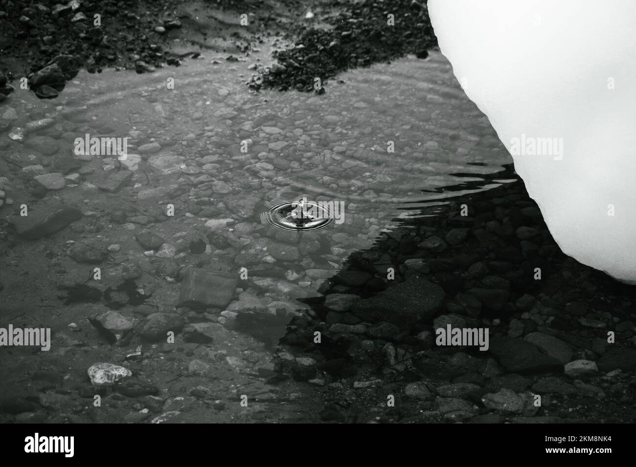 A drop of water melting from an iceberg in Antarctica, into a puddle ...