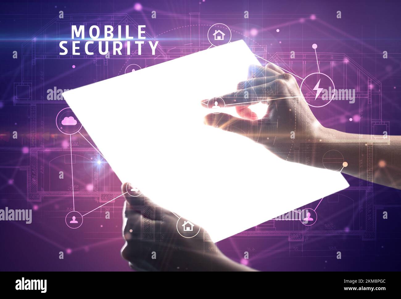 Holding futuristic tablet, security concept Stock Photo - Alamy