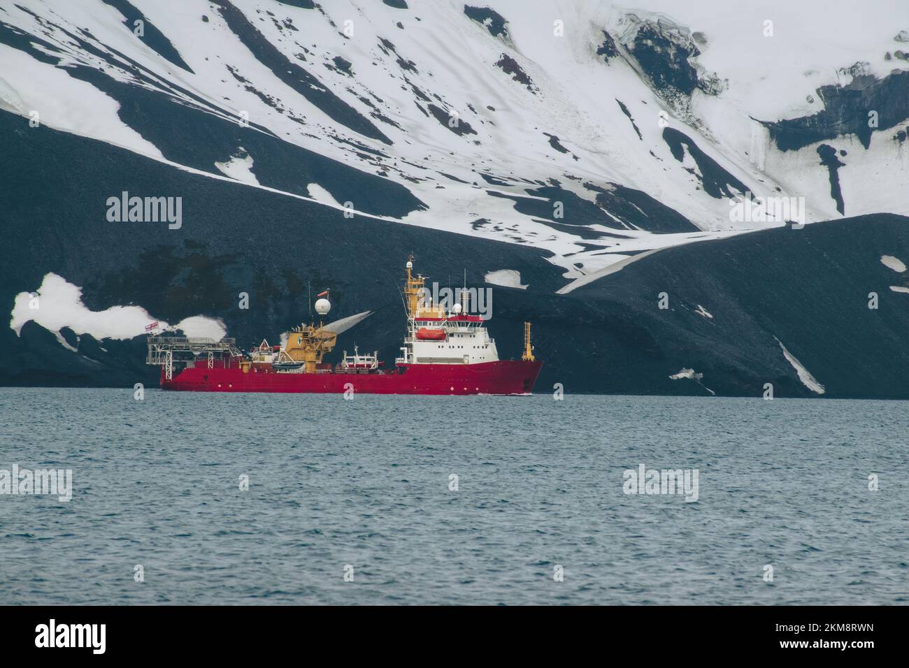 Research vessel training through deception island in Antarctica Stock ...