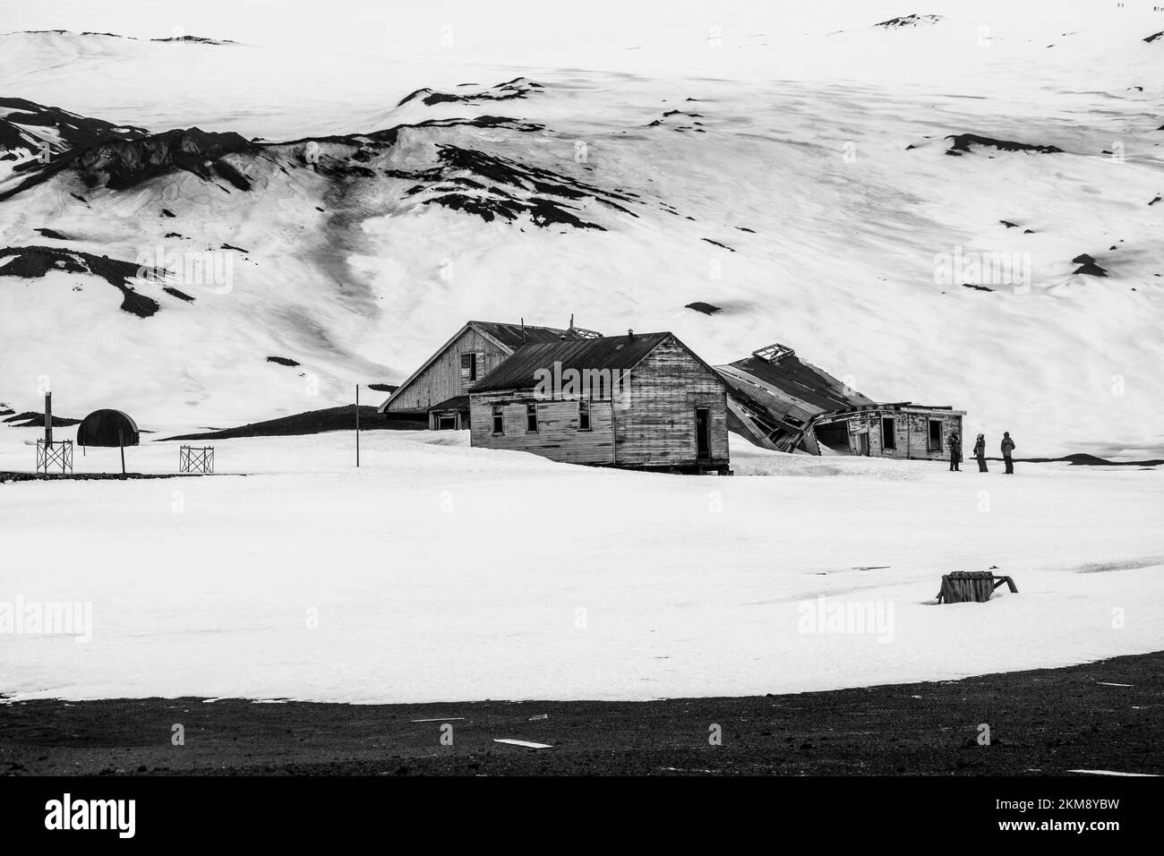 Old buildings on Deception Island in Antarctica, building partional ...