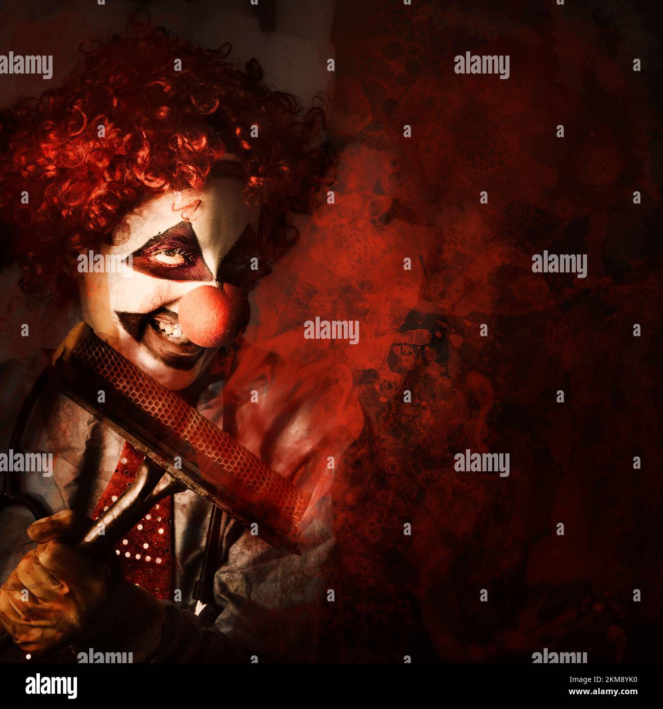 Evil monster clown washing splattered glass with squeegee and sinister ...