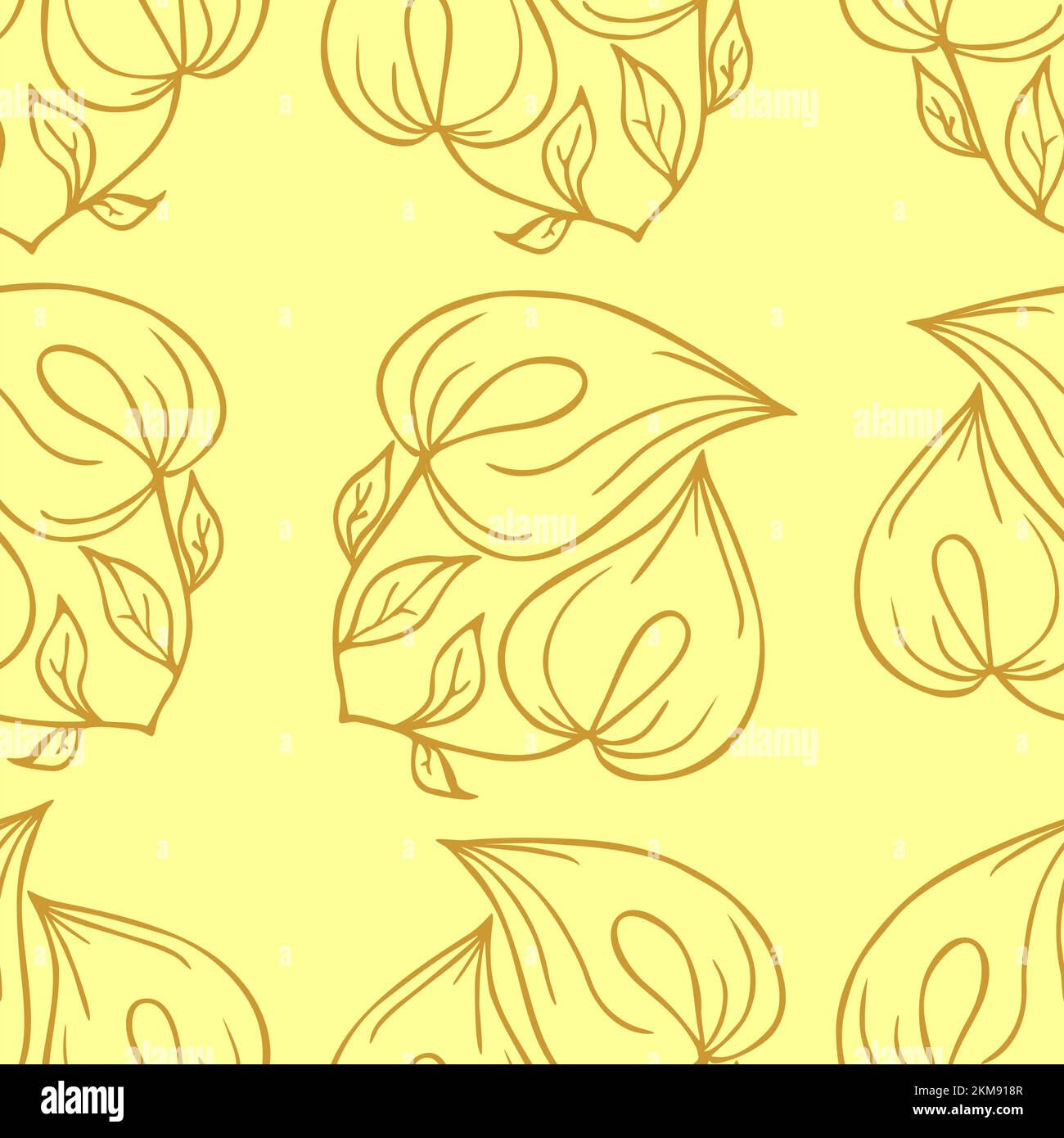 seamless contour pattern of large mustard graphic flowers on a beige ...