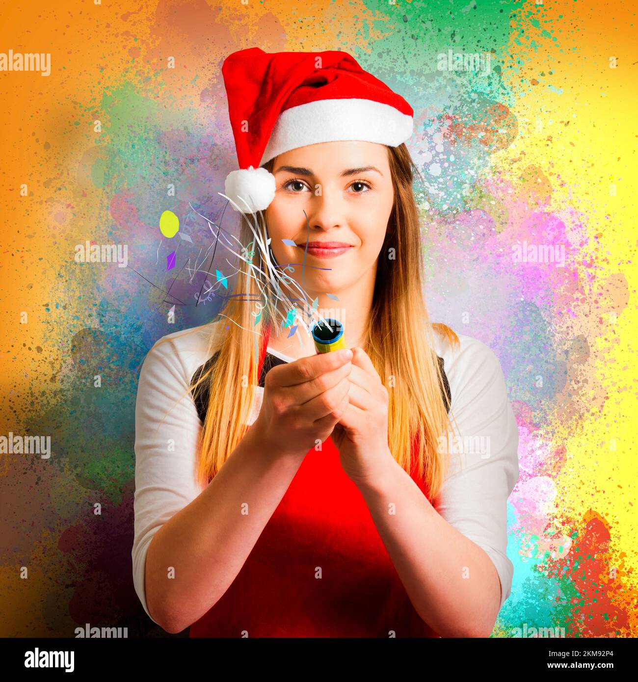 Creative color photo on a new years eve party woman pulling the string ...