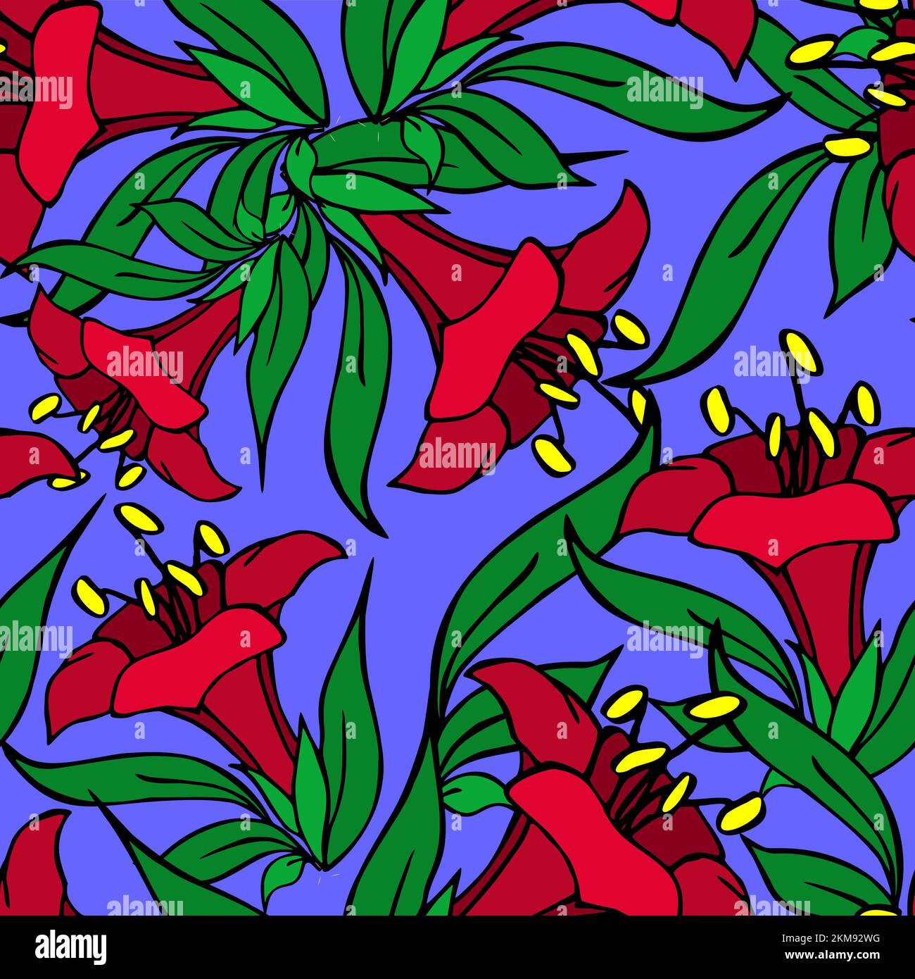 seamless asymmetric graphic pattern of red flowers on a blue background ...