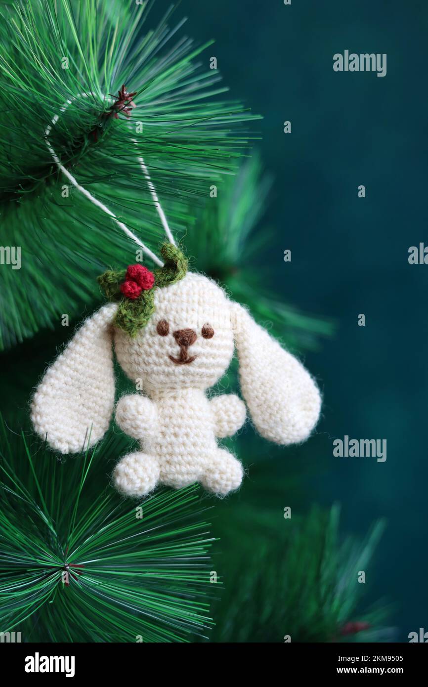 White crochet bunny close up photo. Handmade Christmas gift. Amigurumi ...