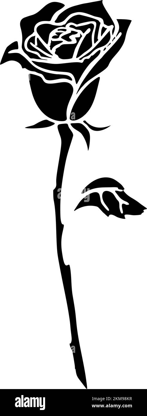 black contour drawing of a large rose flower on a white background ...
