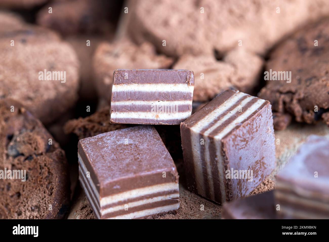 multi-layered sweets made of cream and chocolate layers with different ...
