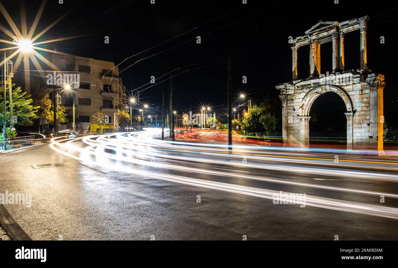 Night shot of traffic around Hadrian's Arch, Athens, Greece Stock Photo ...