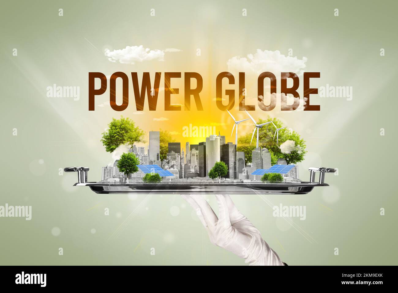 Waiter serving eco cityscape concept Stock Photo - Alamy