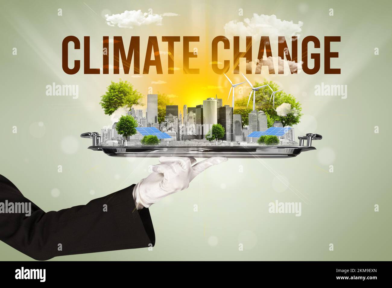 Waiter serving eco cityscape concept Stock Photo - Alamy