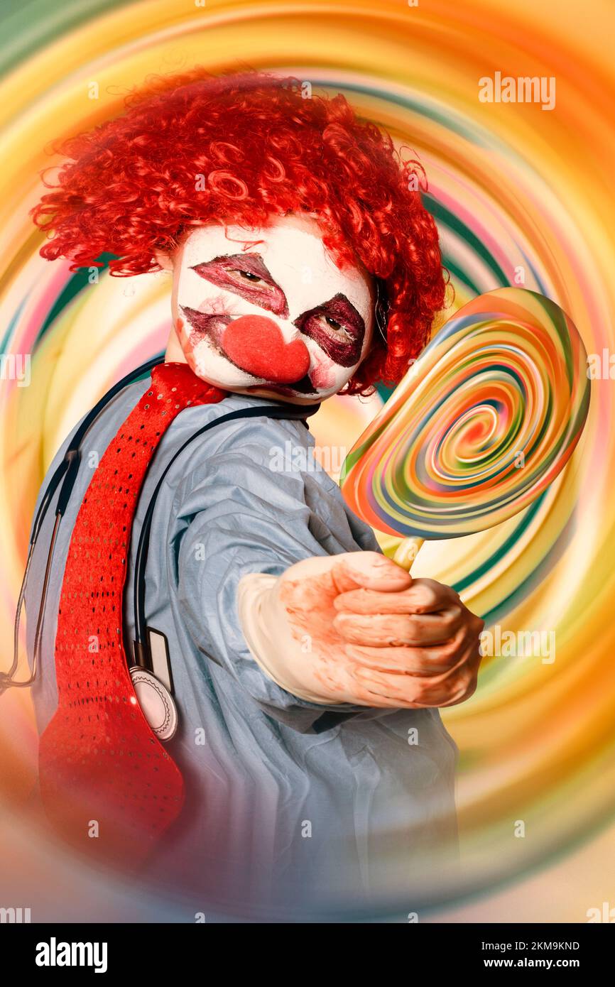 Warped hypnosis portrait of Tipsy The Hospital Clown offering a ...