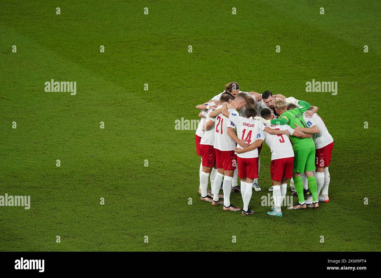 Denmark players in a group huddle before the FIFA World Cup Group D ...