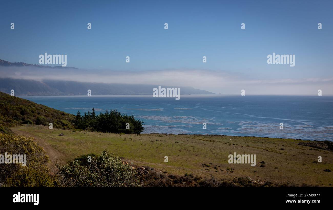 The beautiful west coast of California along Highway 1, with meadows ...