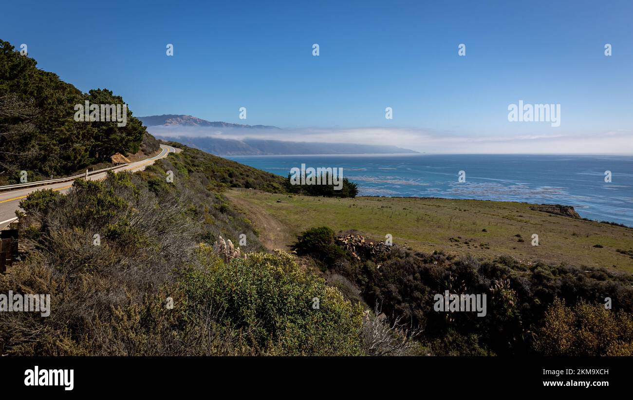 The beautiful west coast of California along Highway 1, with meadows ...