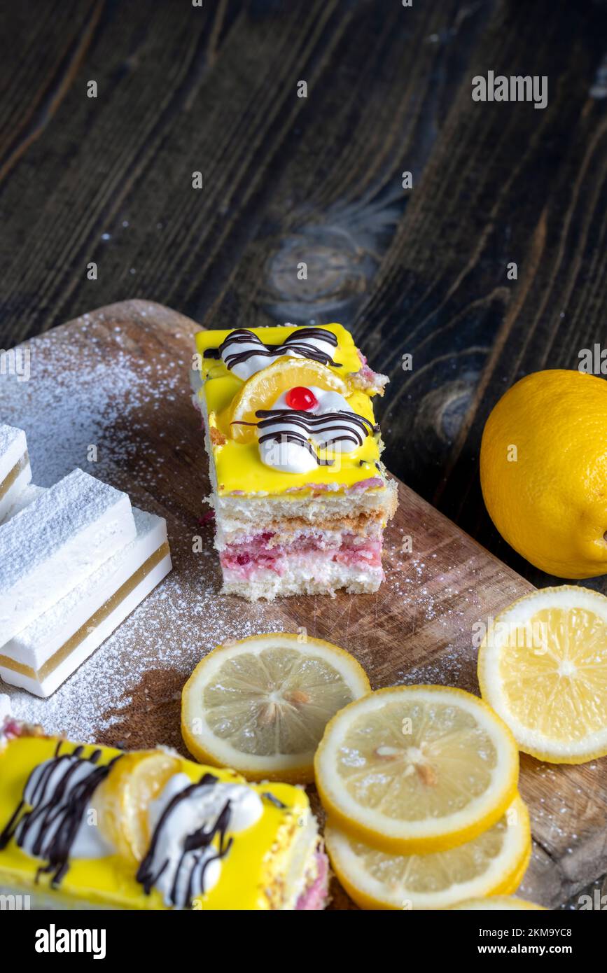 lemon strawberry cake made of several layers of cakes of different ...