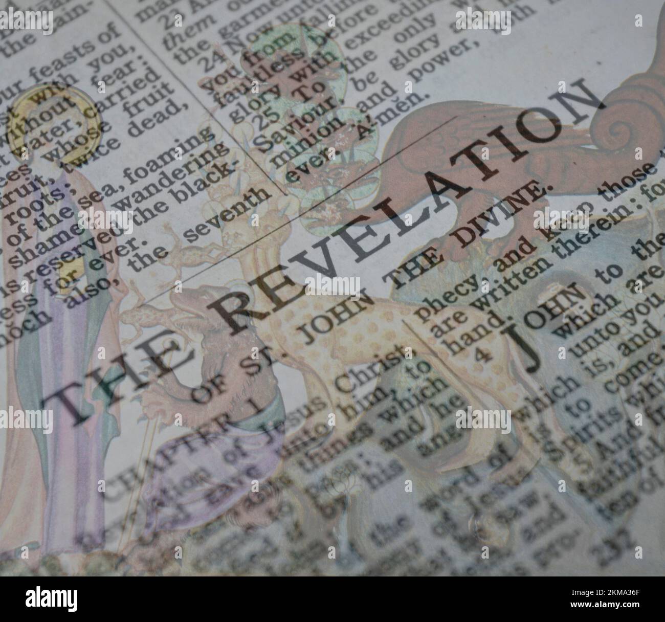 A closeup of The Revelation title page from the Bible with a 15th ...