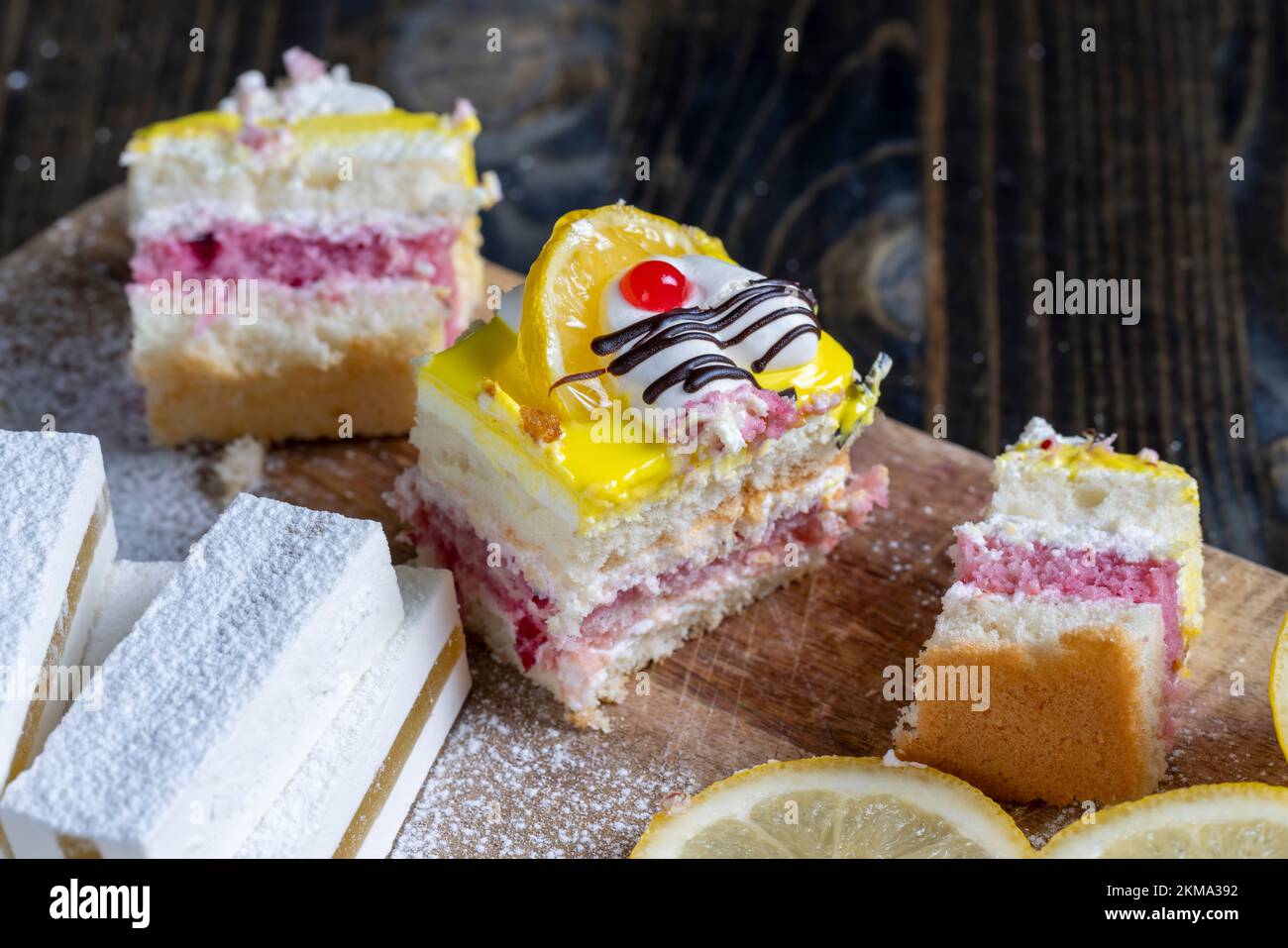 lemon strawberry cake made of several layers of cakes of different ...