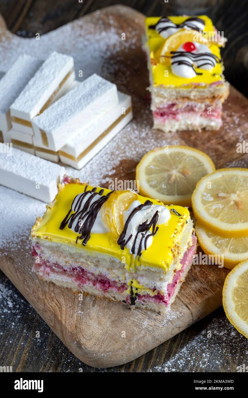 lemon strawberry cake made of several layers of cakes of different ...