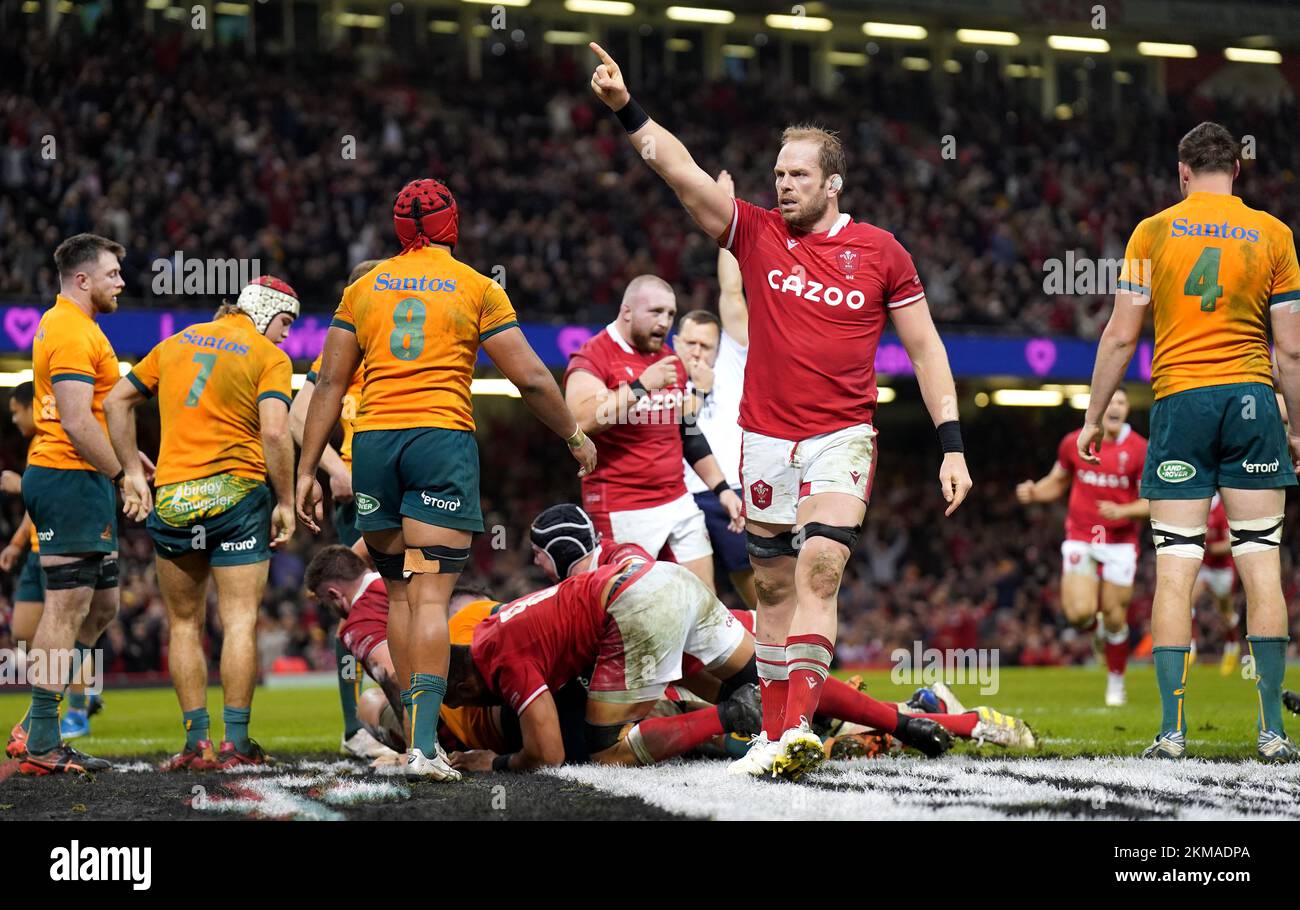 Wales' Alun Wyn Jones celebrates after Jac Morgan scores his sides ...