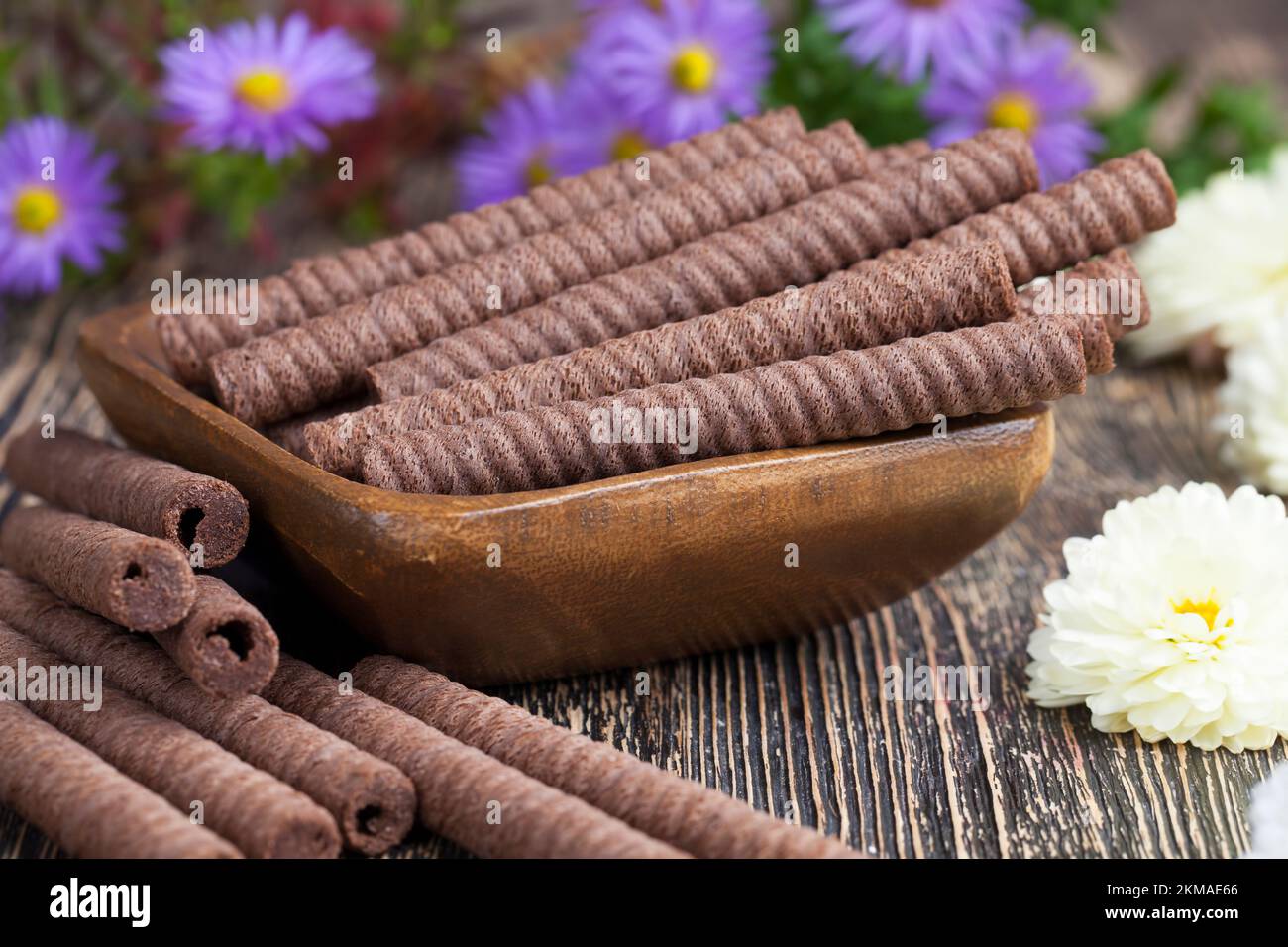 chocolate tubes with chocolate filling, dessert of chocolate waffle ...