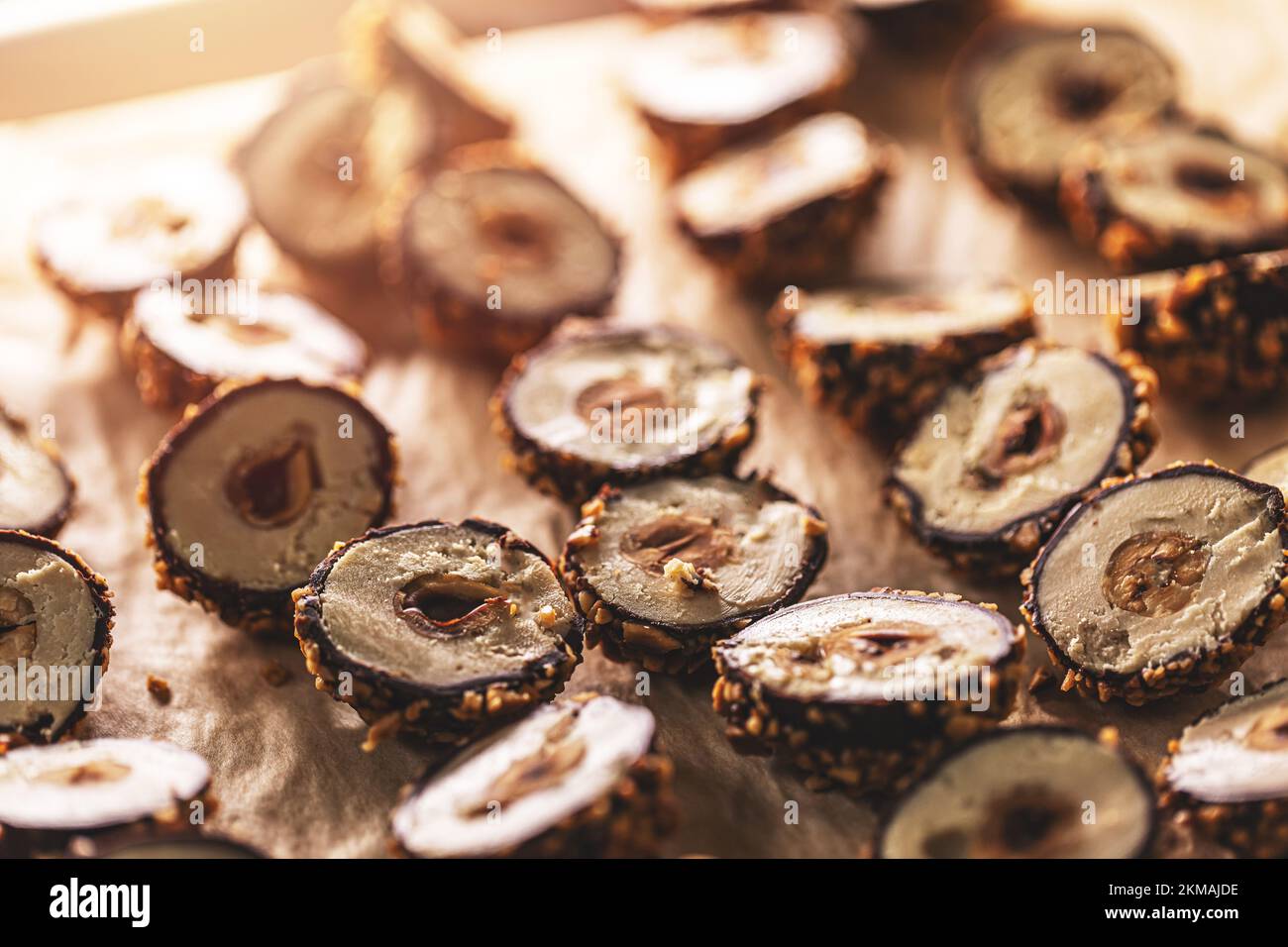 Creative food concept, goose liver pate make like a bonbon with nut ...