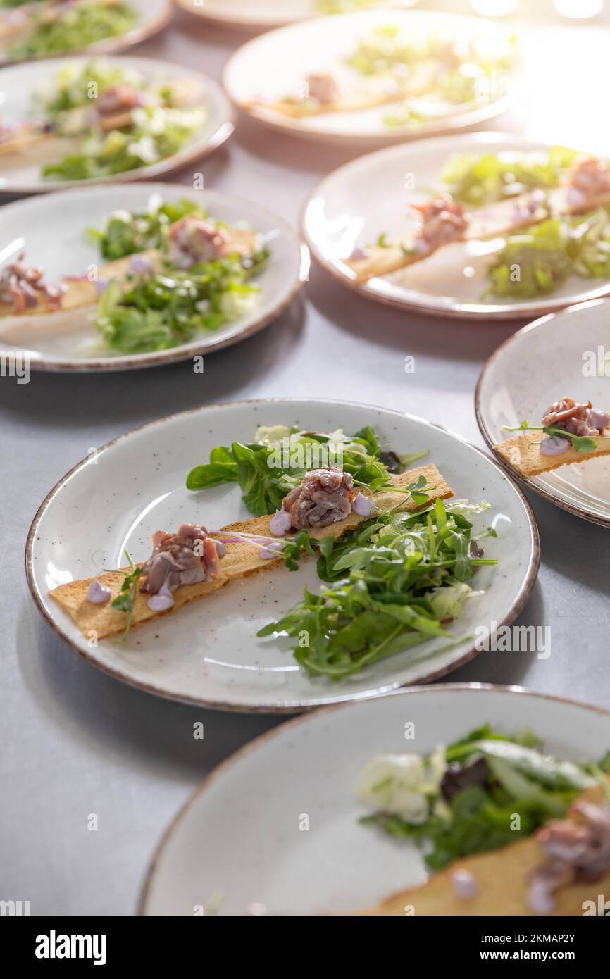 Smoked duck breast on bread cracker served with green lettuce Stock ...