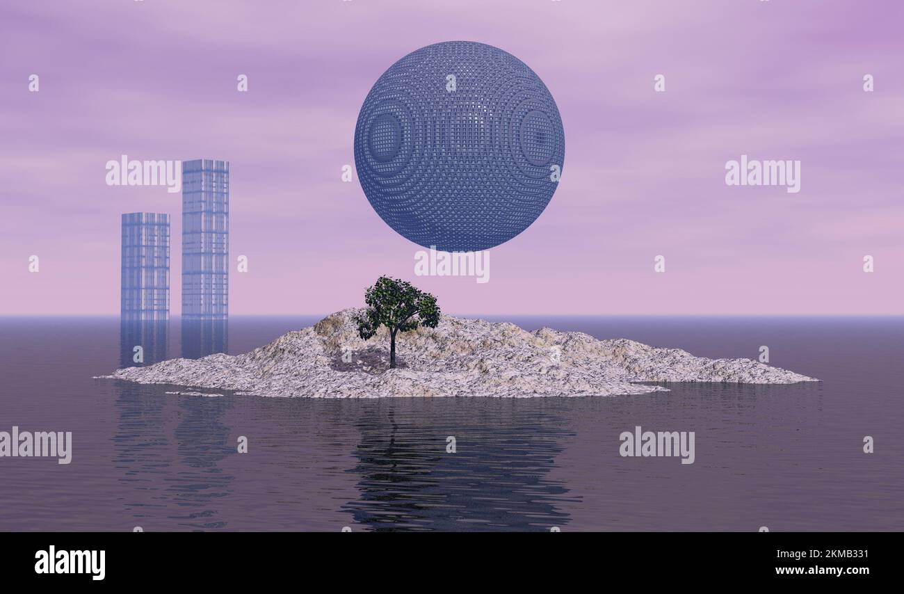 A 90s CGI-style raycast render of an island, tree, moon, and some ...