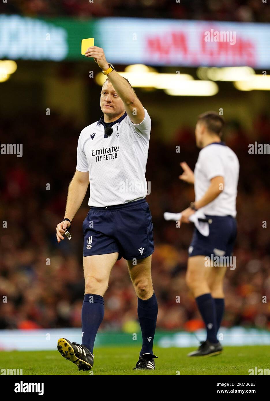 Referee Matthew Carley shows Wales' Ryan Elias a yellow card during the ...