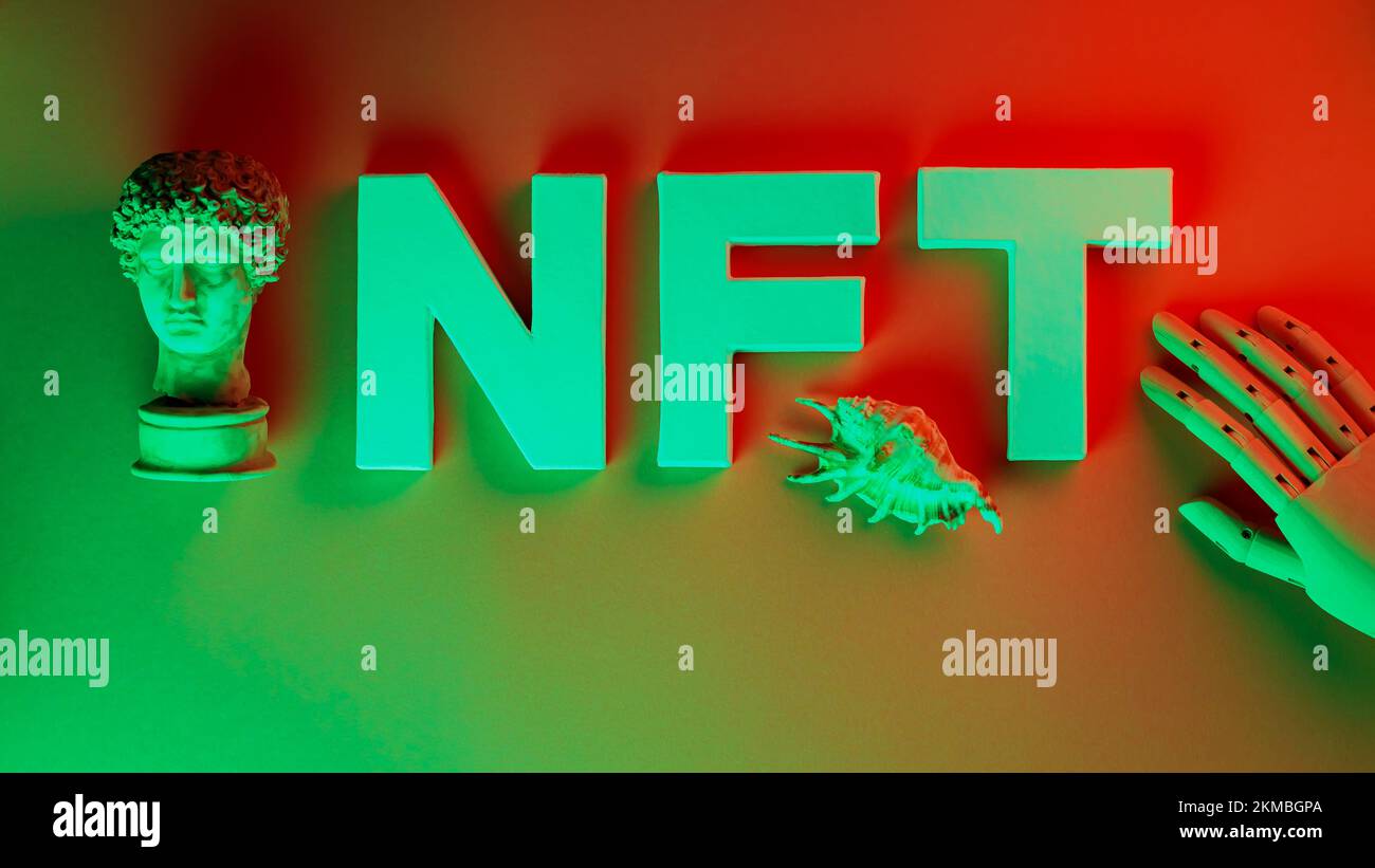 NFT inscription on gradient orange-green background. Non-Fungible Token ...