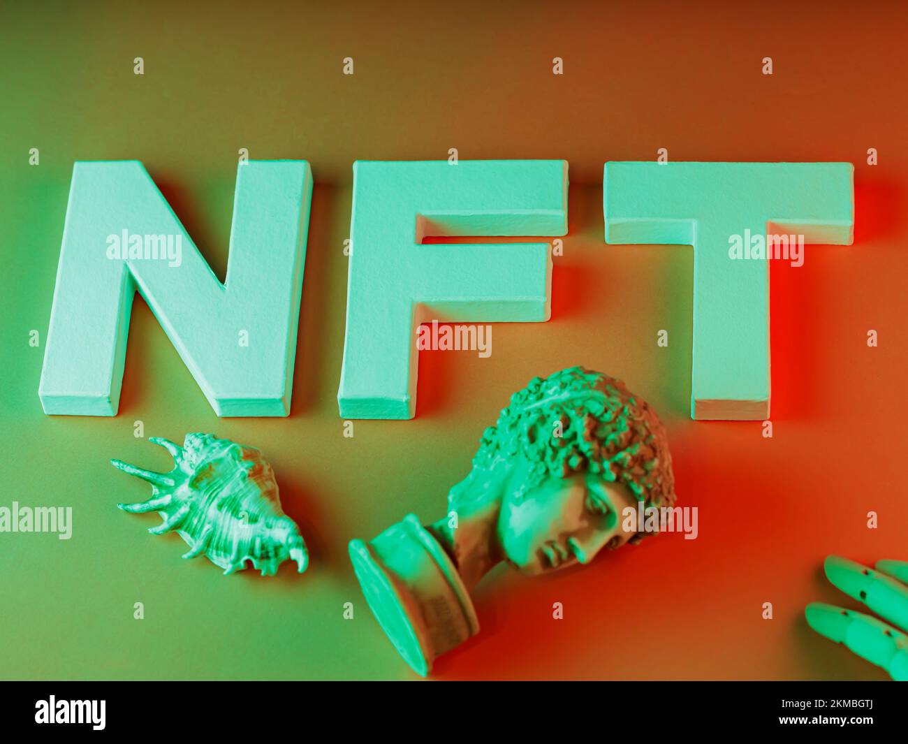 NFT inscription on gradient orange-green background. Non-Fungible Token ...