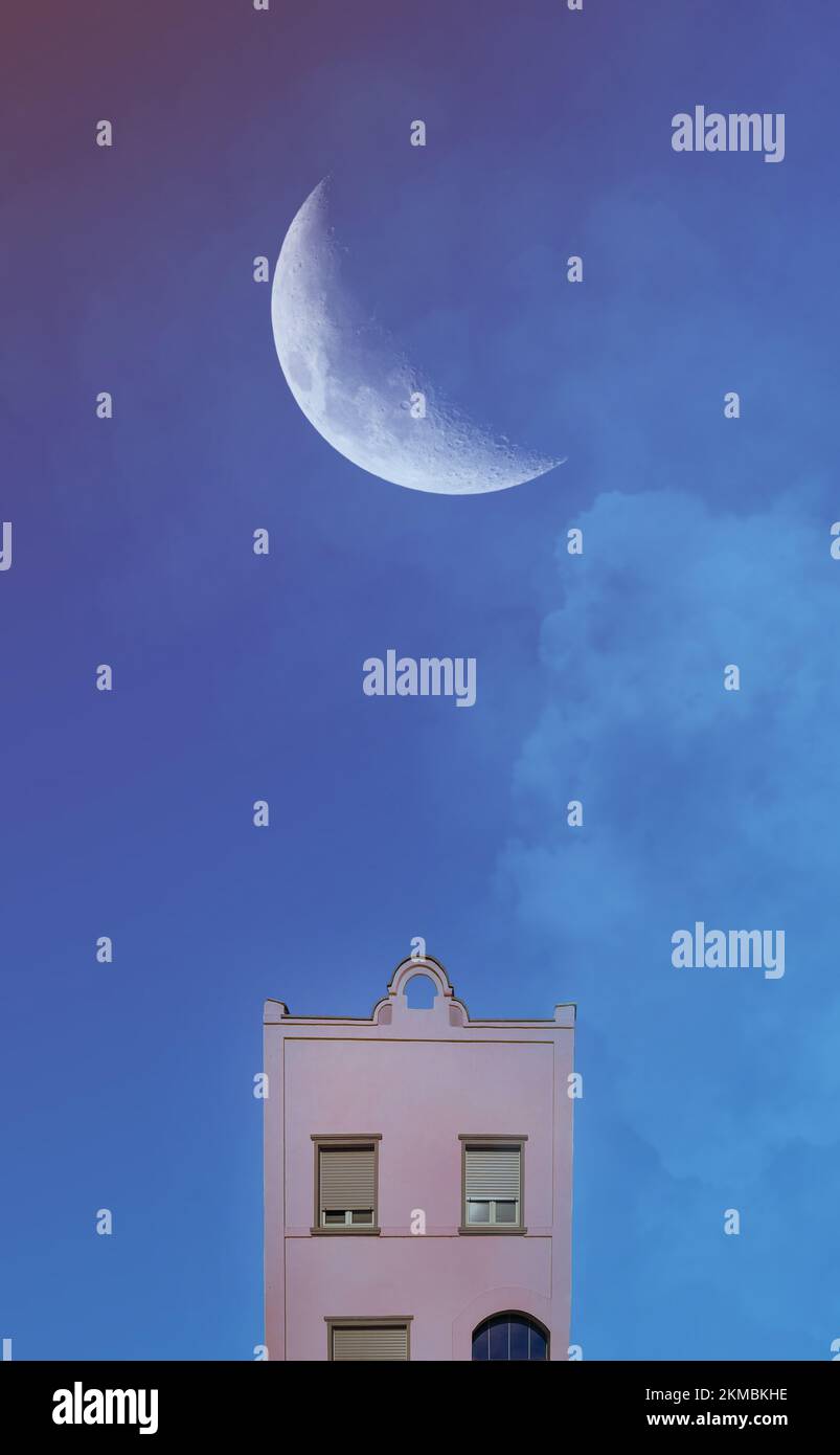 A vertical illustration of a minimalistic building with a crescent moon ...