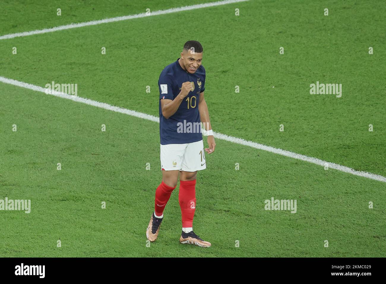 France's Kylian Mbappe celebrates after scoring during a soccer game ...