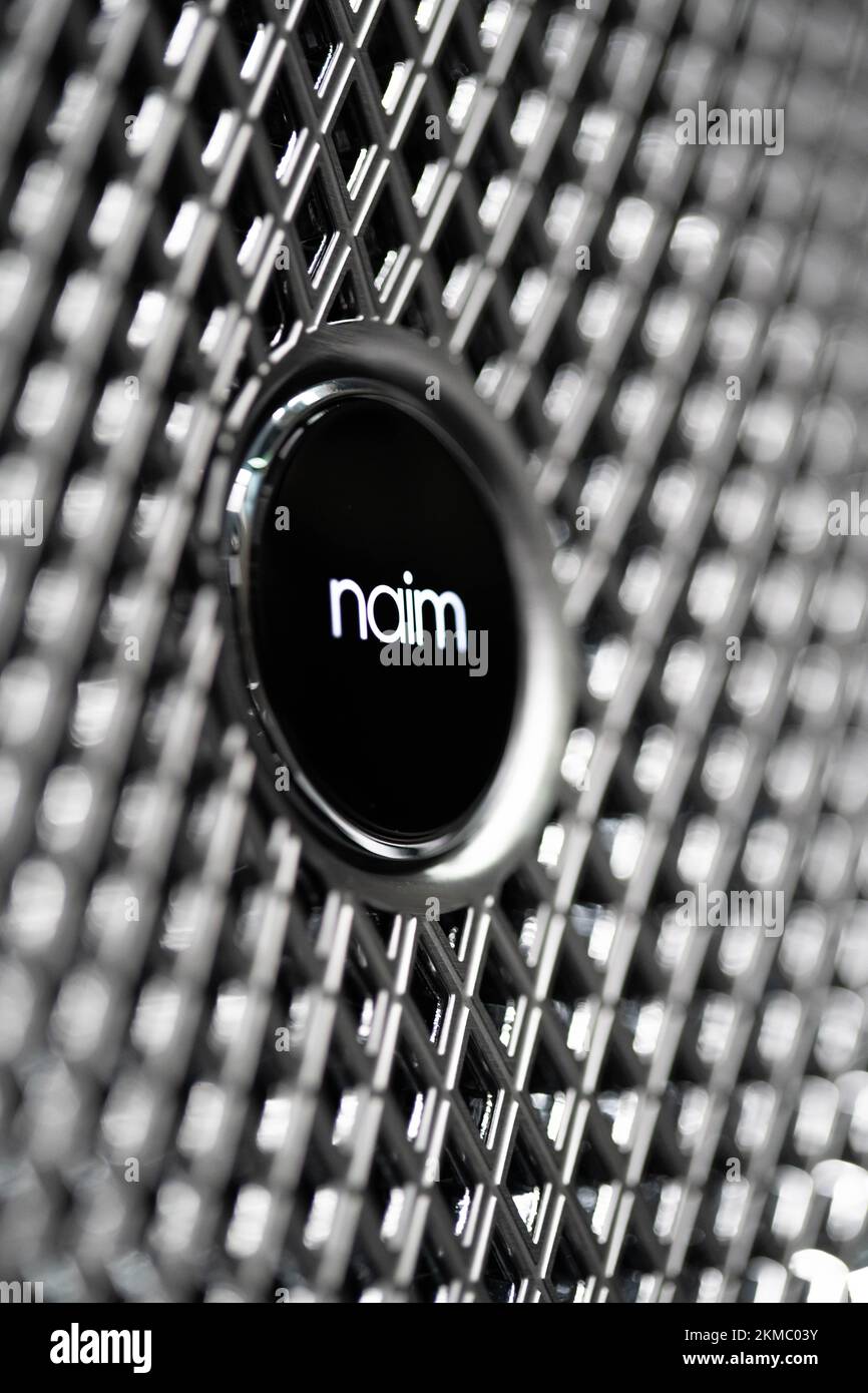 A verticle closeup of the Bentley Naim sound system logo Stock Photo ...